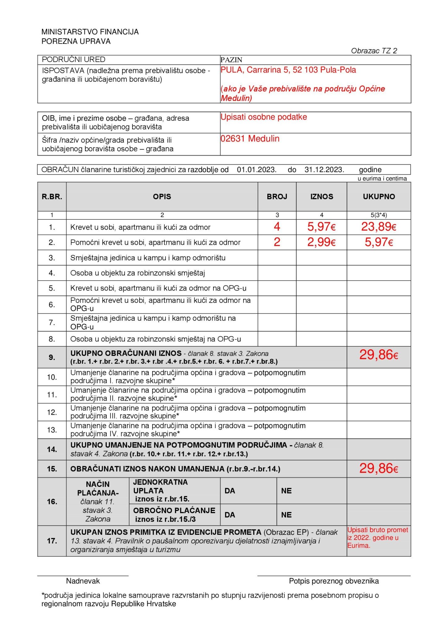 Obračun turističke članarine za 2023. godinu – TZ Medulin