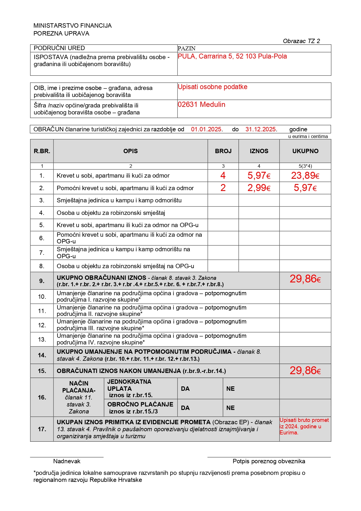 Obračun turističke članarine za 2025. godinu – dostava isključivo ...